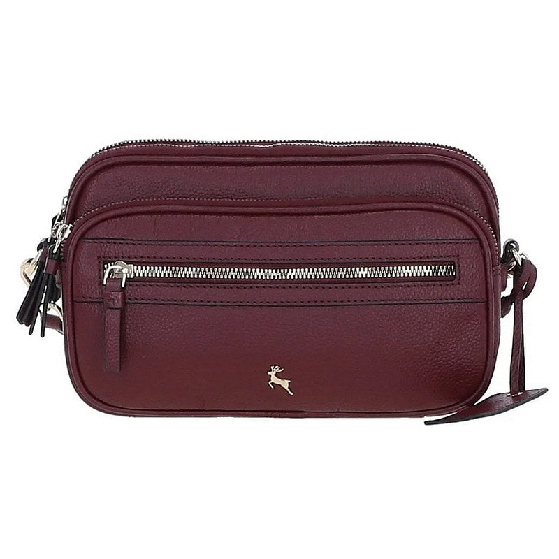 Ashwood Leather Compact Twin Zip Wine Crossbody Bag X-35
